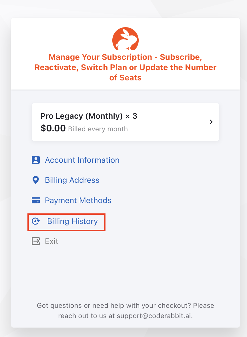 Billing history view in customer portal