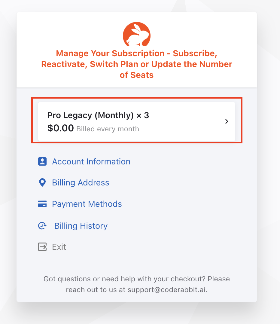 Manage subscription button and current plan selection