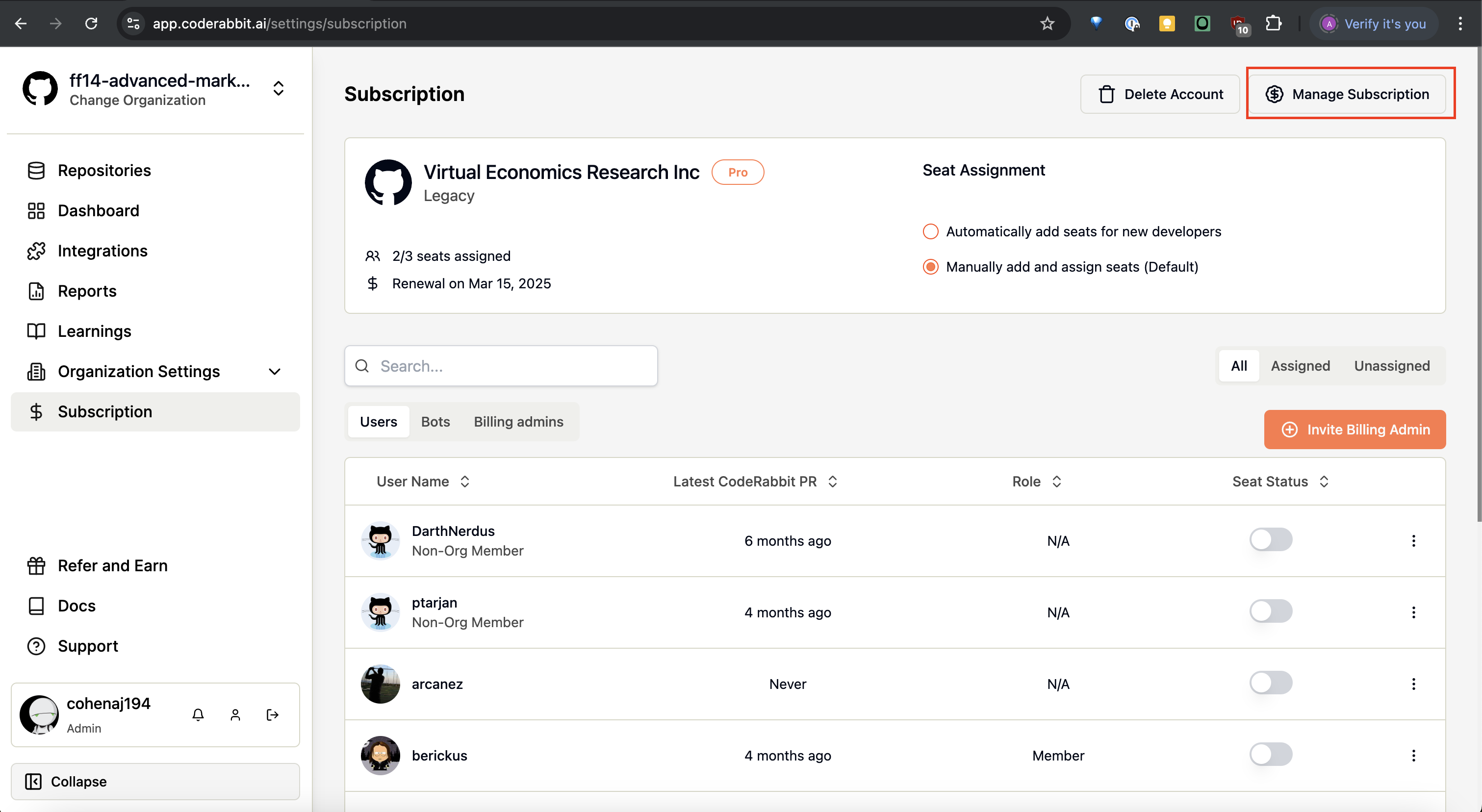 CodeRabbit subscription settings page
